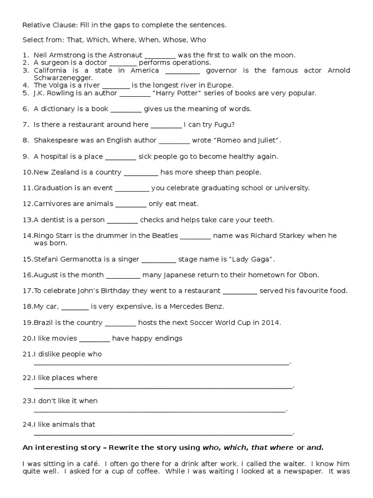 An Interesting Story - Rewrite The Story Using Who, Which, That Where ...