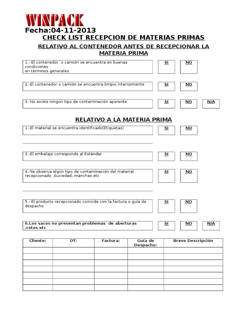 Check List Recepción de Materias Primas | PDF