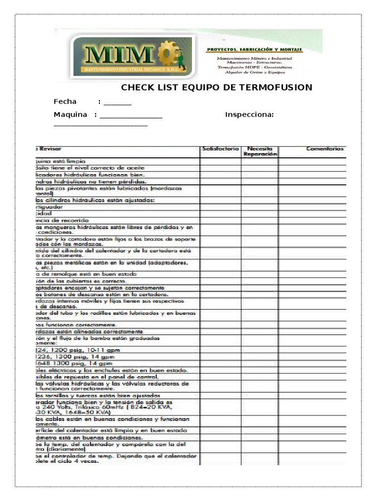 Check List Maquina de Termofusion | PDF