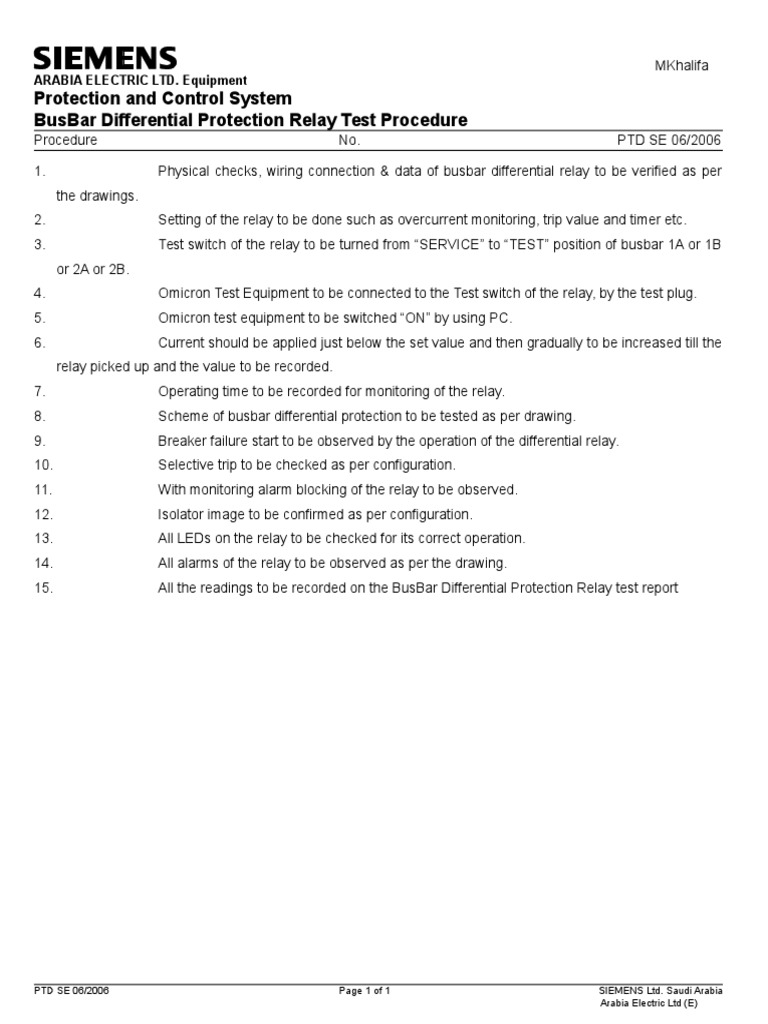 Bus Bar Differential Protection Relay Test Procedure | PDF