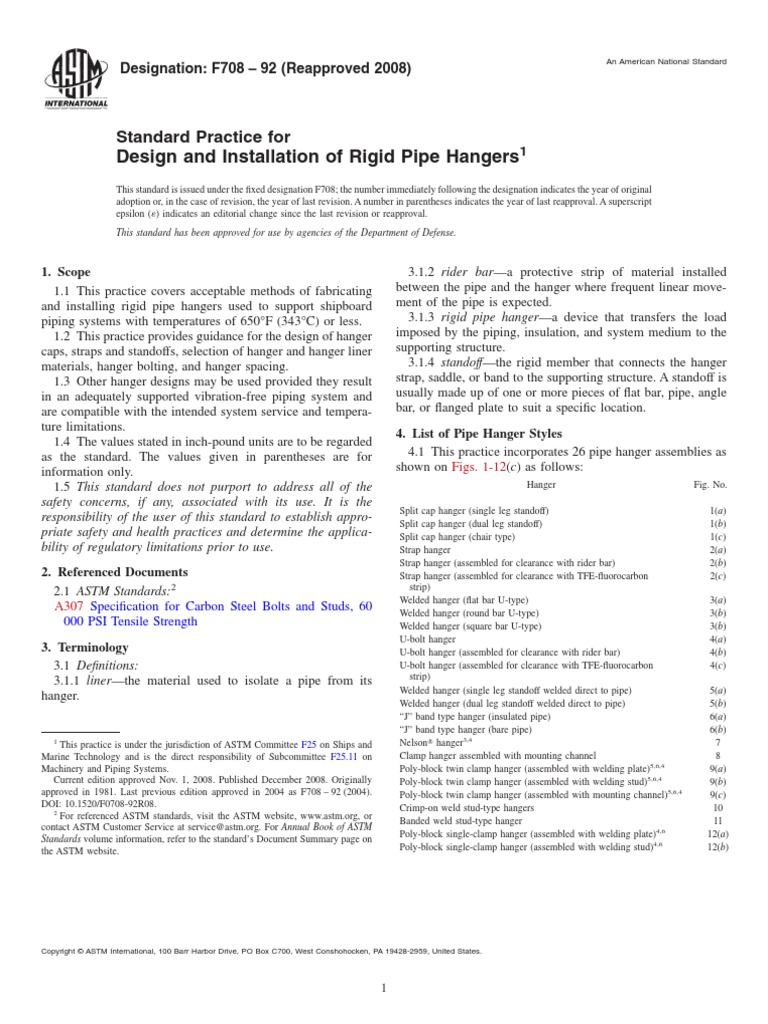Design and Installation of Rigid Pipe Hangers: Standard Practice For ...