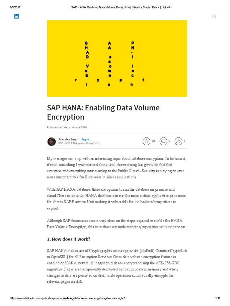 SAP HANA - Enabling Data Volume Encryption - Jitendra Singh - Pulse | PDF | Encryption | Sap Se