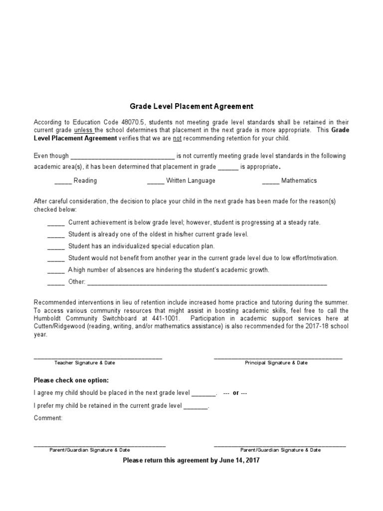Grade Level Placement Agreement | PDF