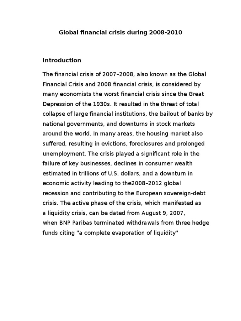 Global Financial Crisis During 2008-2010 | PDF | Financial Crisis Of ...