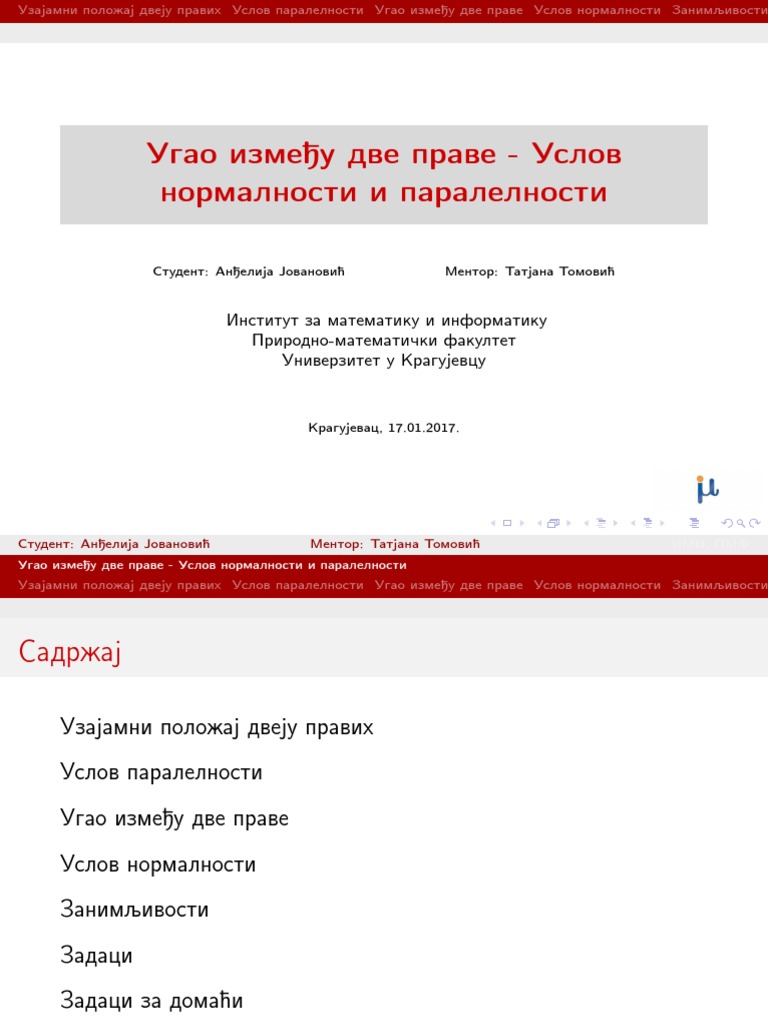 Ugao Izmedju Dve Prave - Uslov Paralelnosti I Normalnosti | PDF