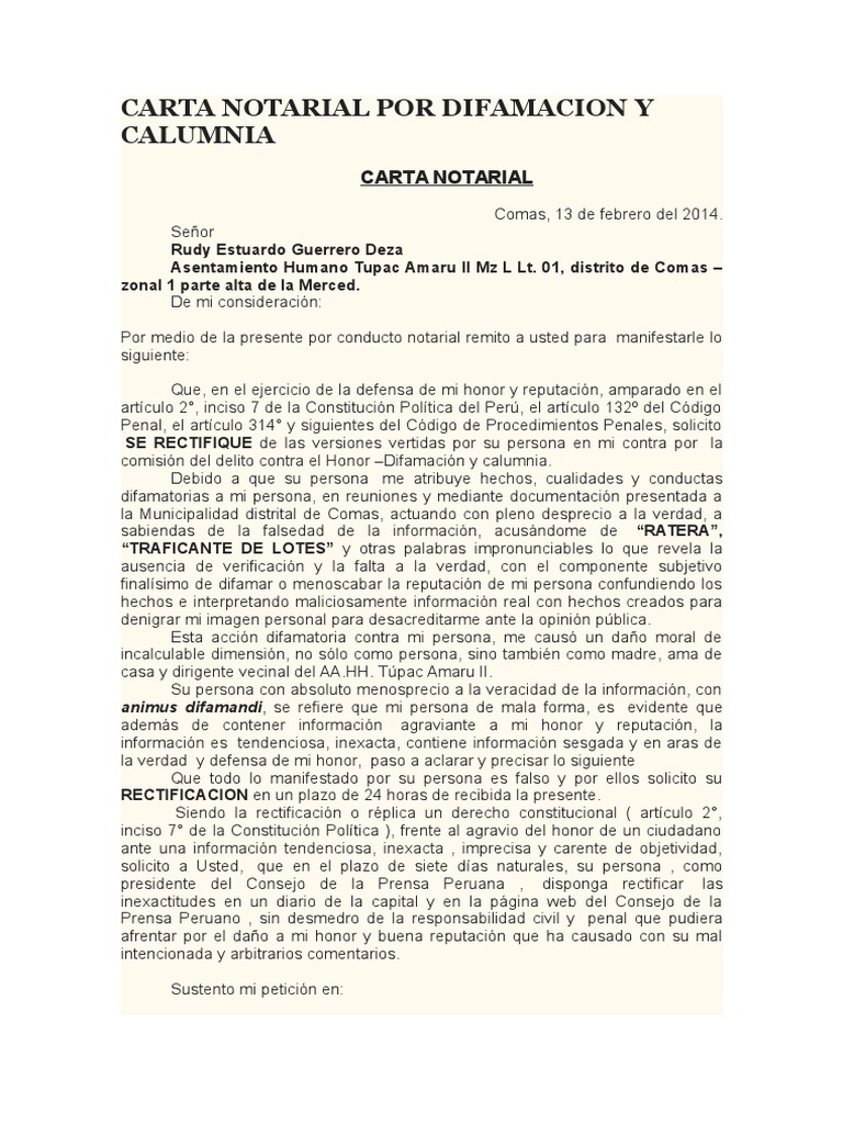 Carta Notarial Por Difamacion y Calumnia | PDF | Virtud | Justicia
