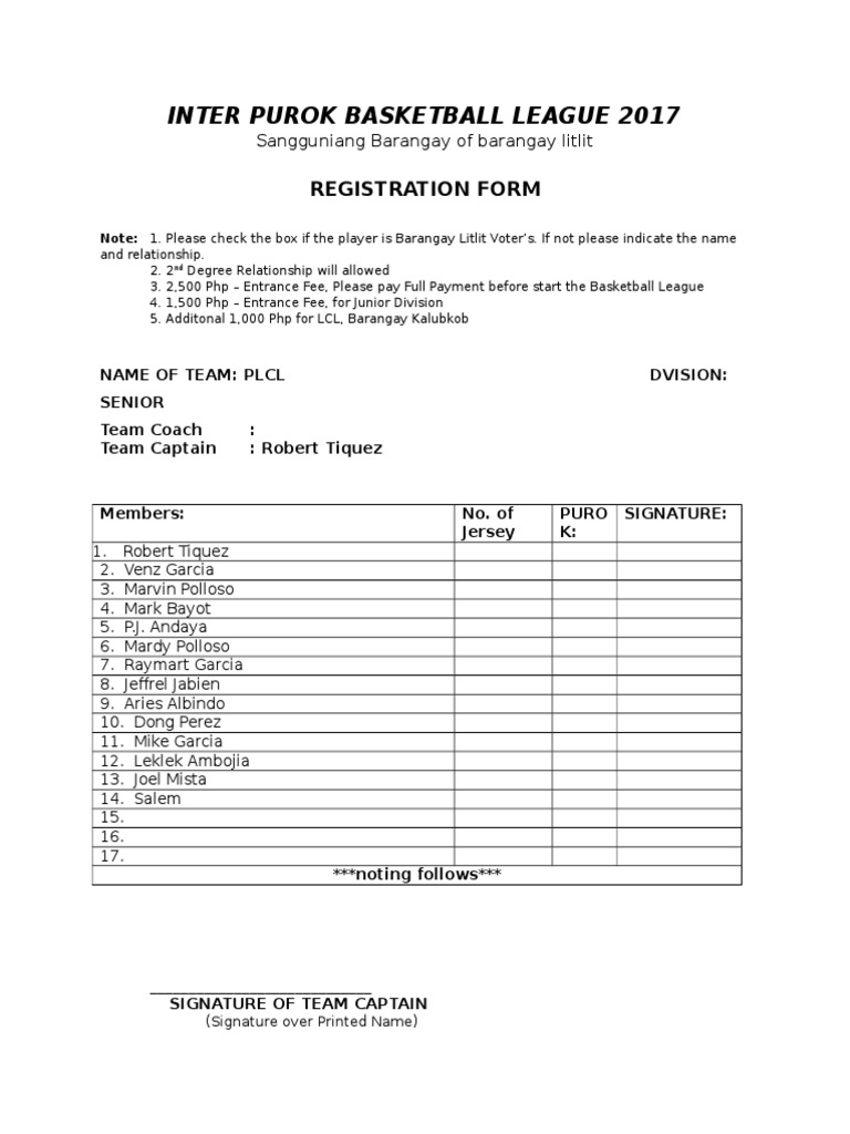Inter Purok Basketball League 2017: Registration Form | PDF