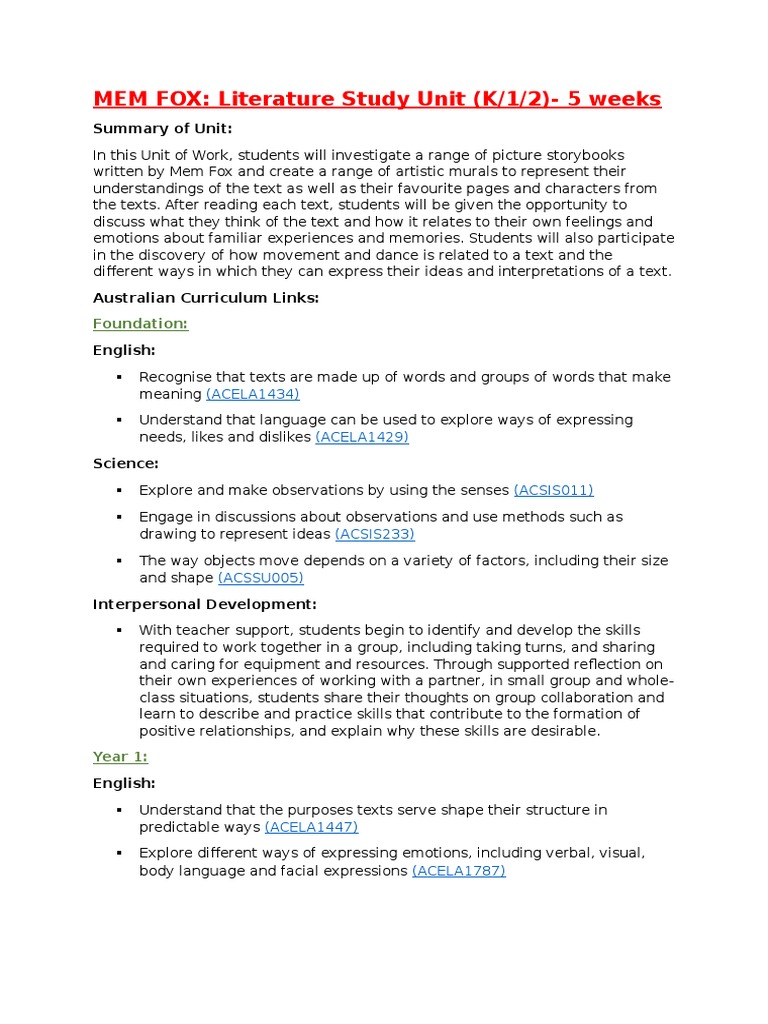 Mem Fox Literature Unit | PDF | Emotions | Learning