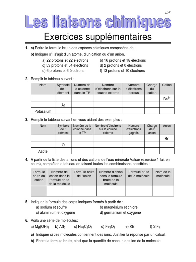 3 Les liaisons chimiques - exercices - eleves supplementai....pdf | Liaison ionique | Ion