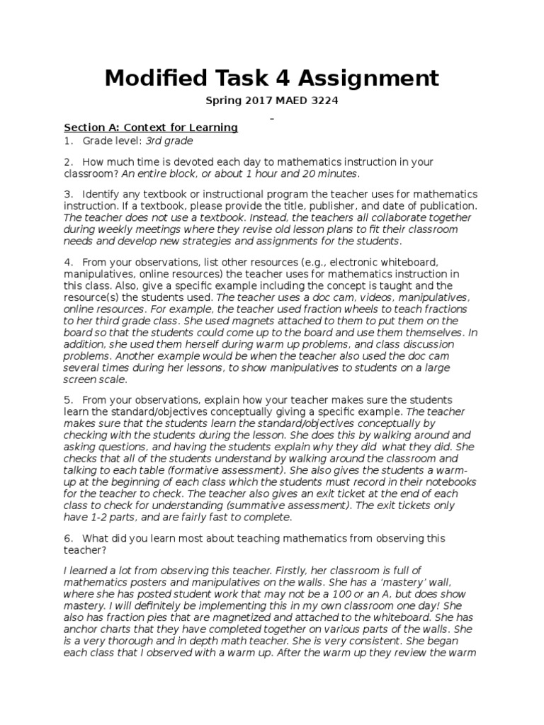 Modified Task 4 Assignment: Spring 2017 MAED 3224 Section A: Context For Learning | PDF ...