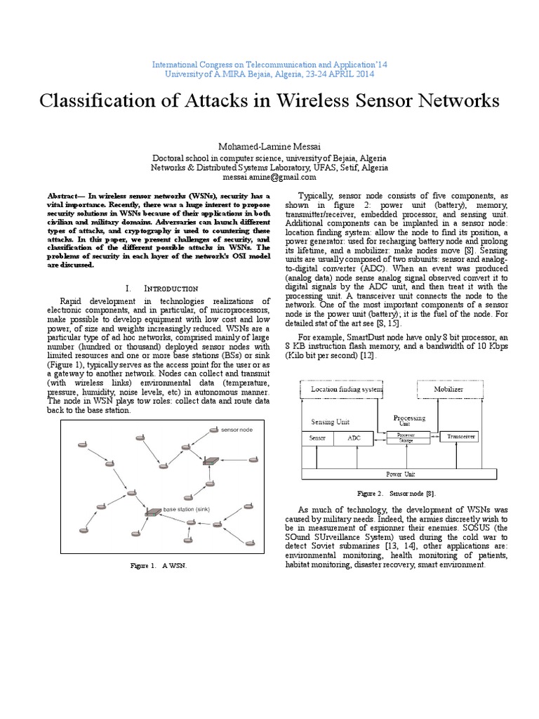 Classification of Attacks in Wireless Sensor Networks: Mohamed-Lamine Messai | PDF | Wireless ...