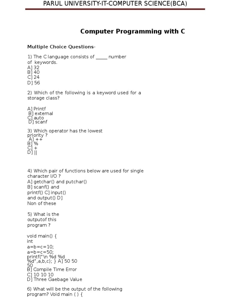 Computer Programming With C: Multiple Choice Questions | PDF | Pointer ...