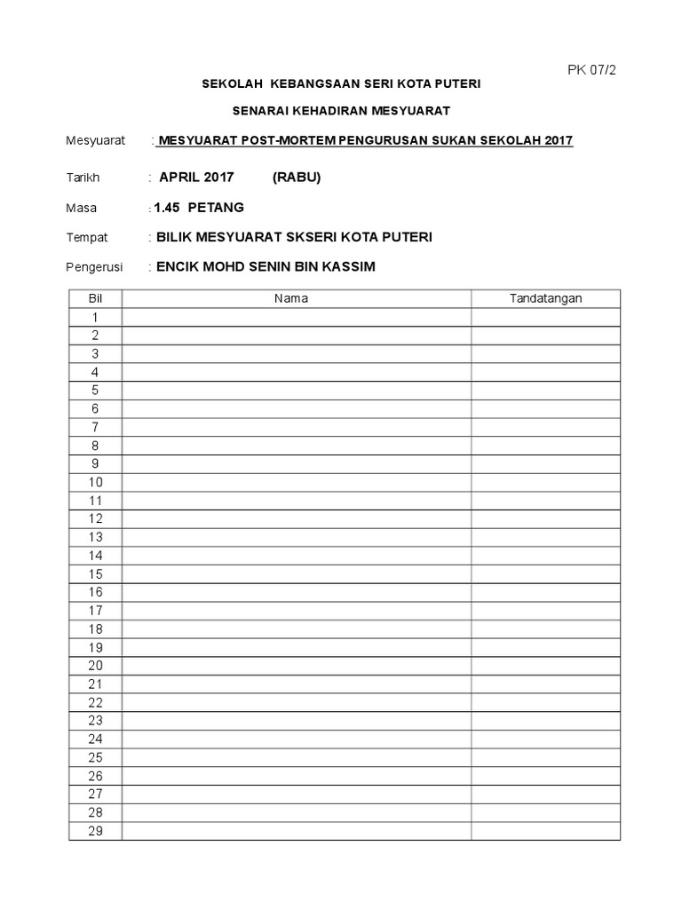 Senarai Kehadiran Mesyuarat Post-Mortem | PDF