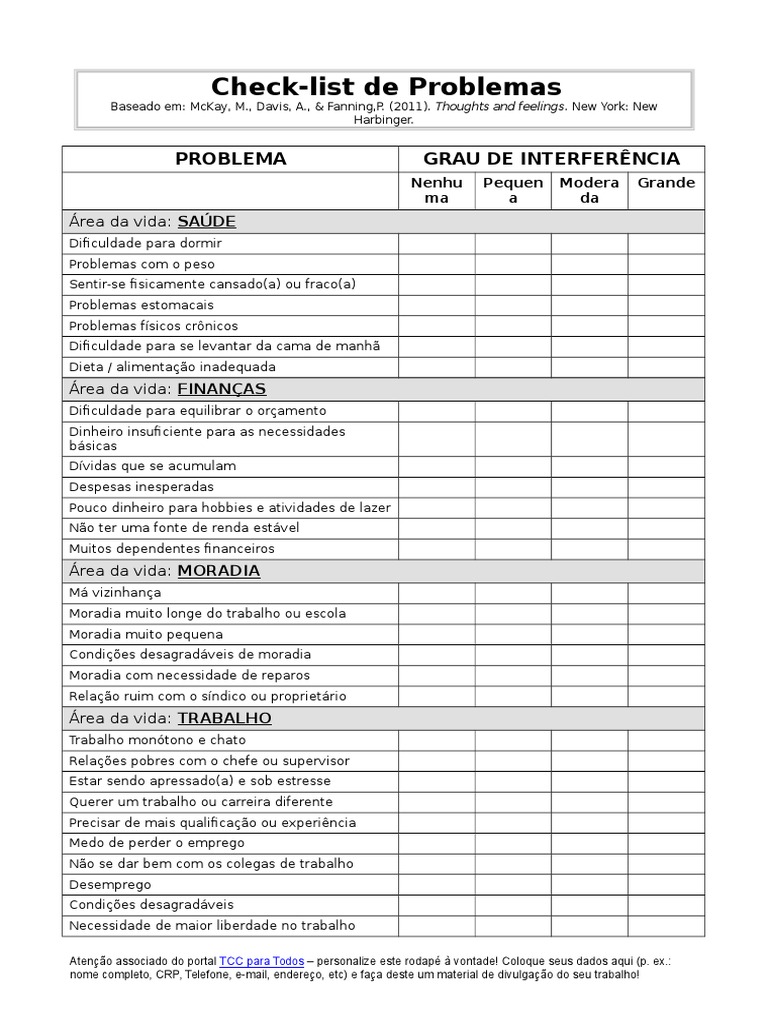 Checklist de Problemas para Auxiliar No Estabelecimento de Objetivos ...