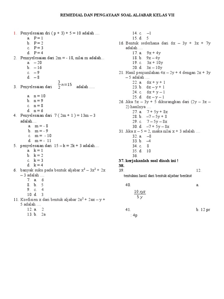 Remedial Dan Pengayaan Soal Aljabar Kelas Vii | PDF
