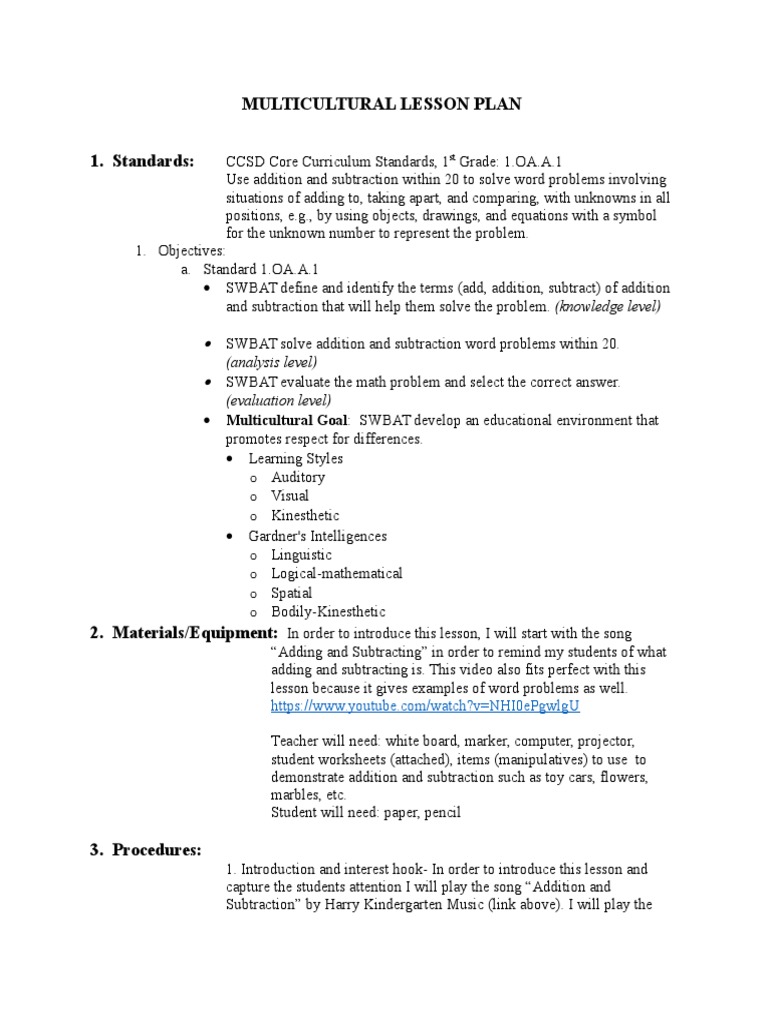 Multicultural Math Lesson Plan for 1st Grade | PDF | Lesson Plan ...