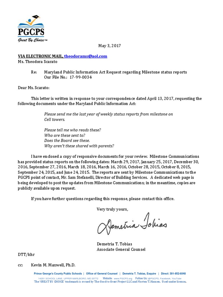PGCPS Letter Stating PGCPS Will Create A Webpage On The Milestone ...