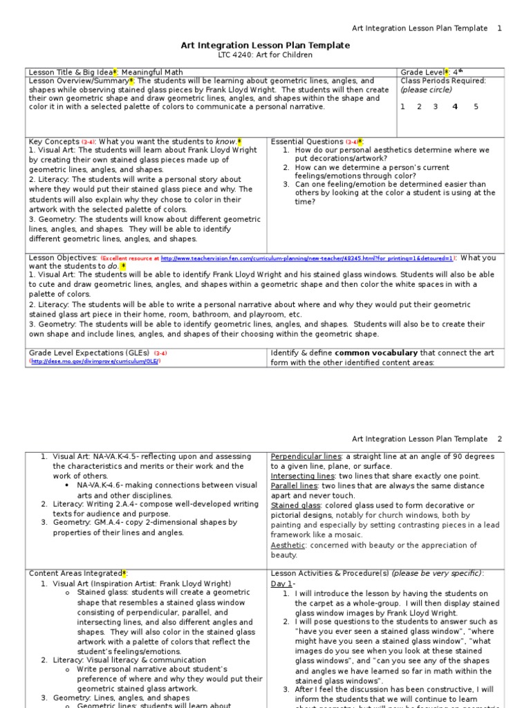 Art Integration Lesson Plan Template: (Please Circle) | PDF | Line ...