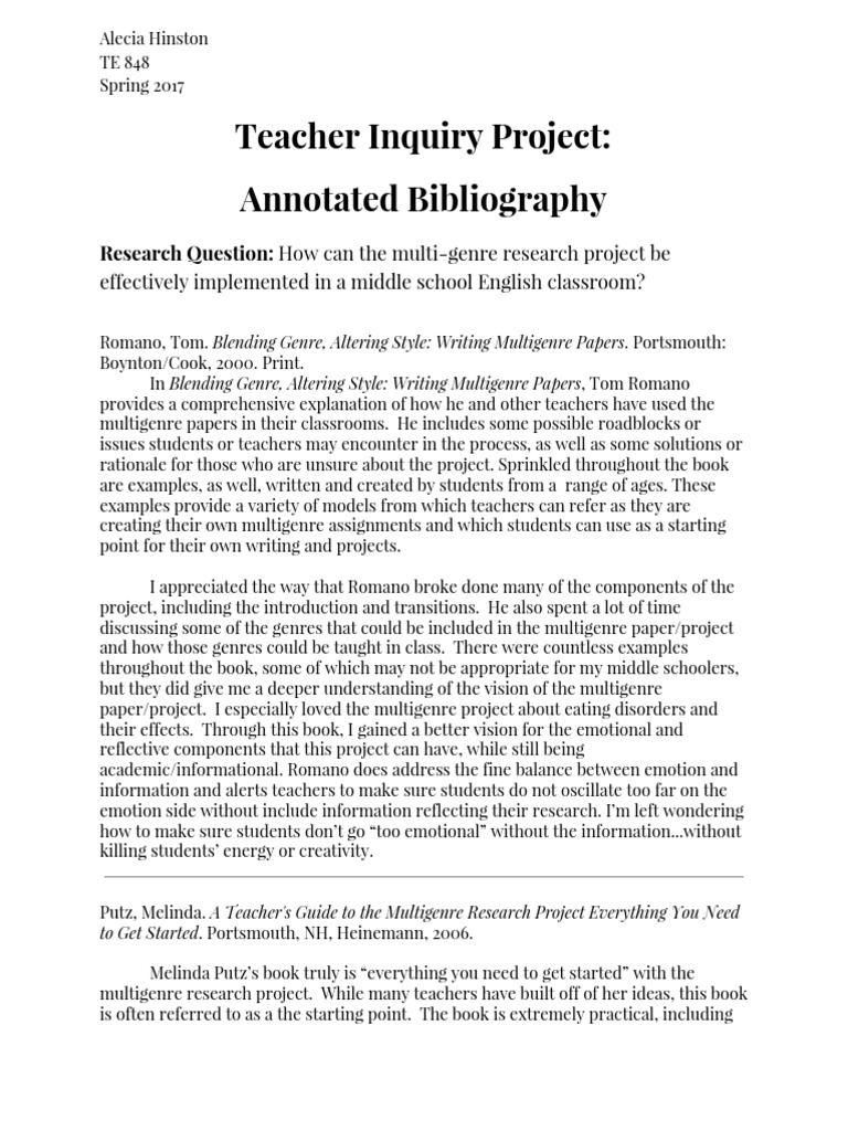Teacher Inquiry Project: Annotated Bibliography: Research Question: How ...