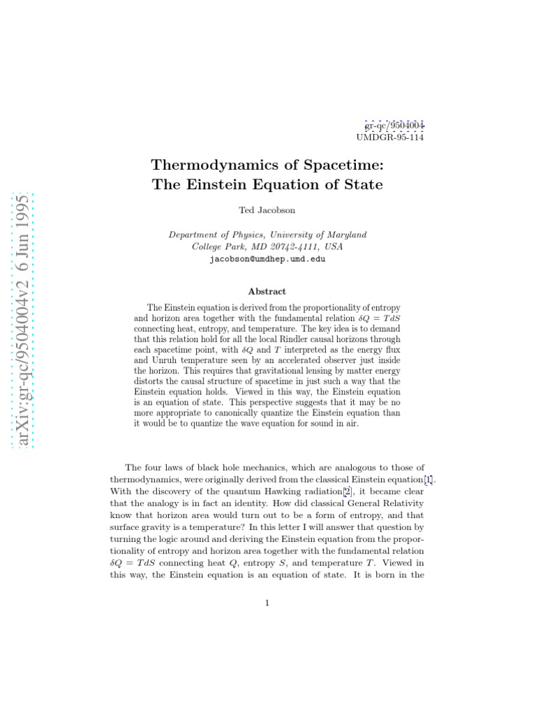Thermodynamics of Spacetime The Einstein Equation of State by Ted ...