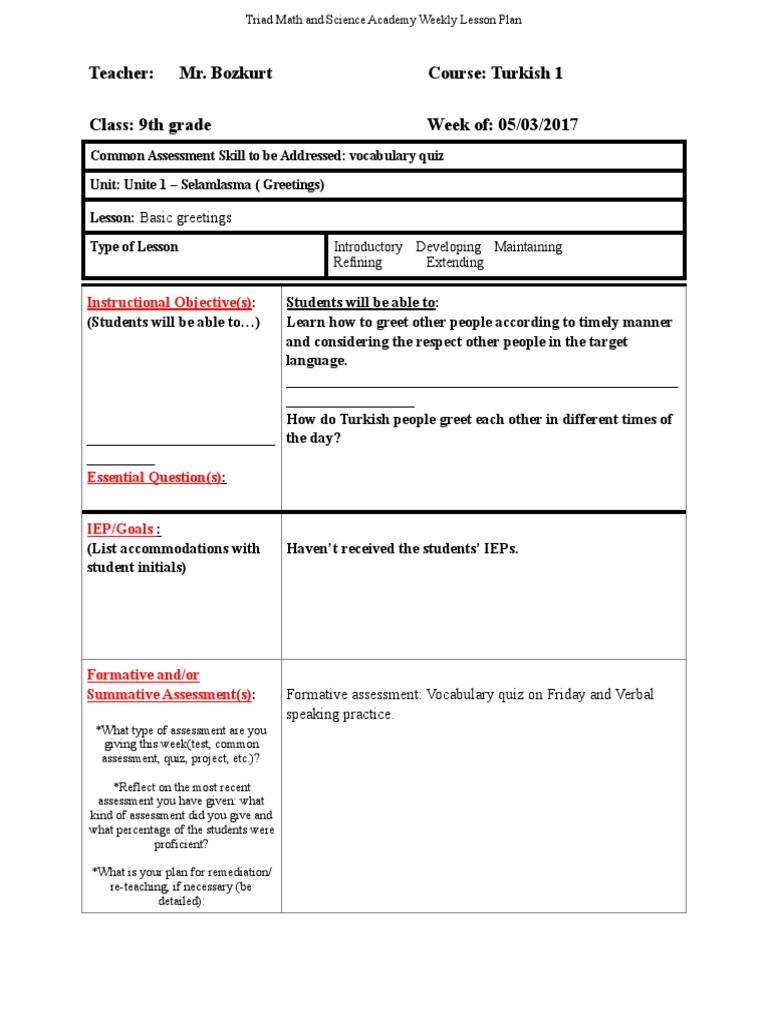 Turkish 1 Lesson Plan - 05 03 2017 | PDF | Lesson Plan | Communication