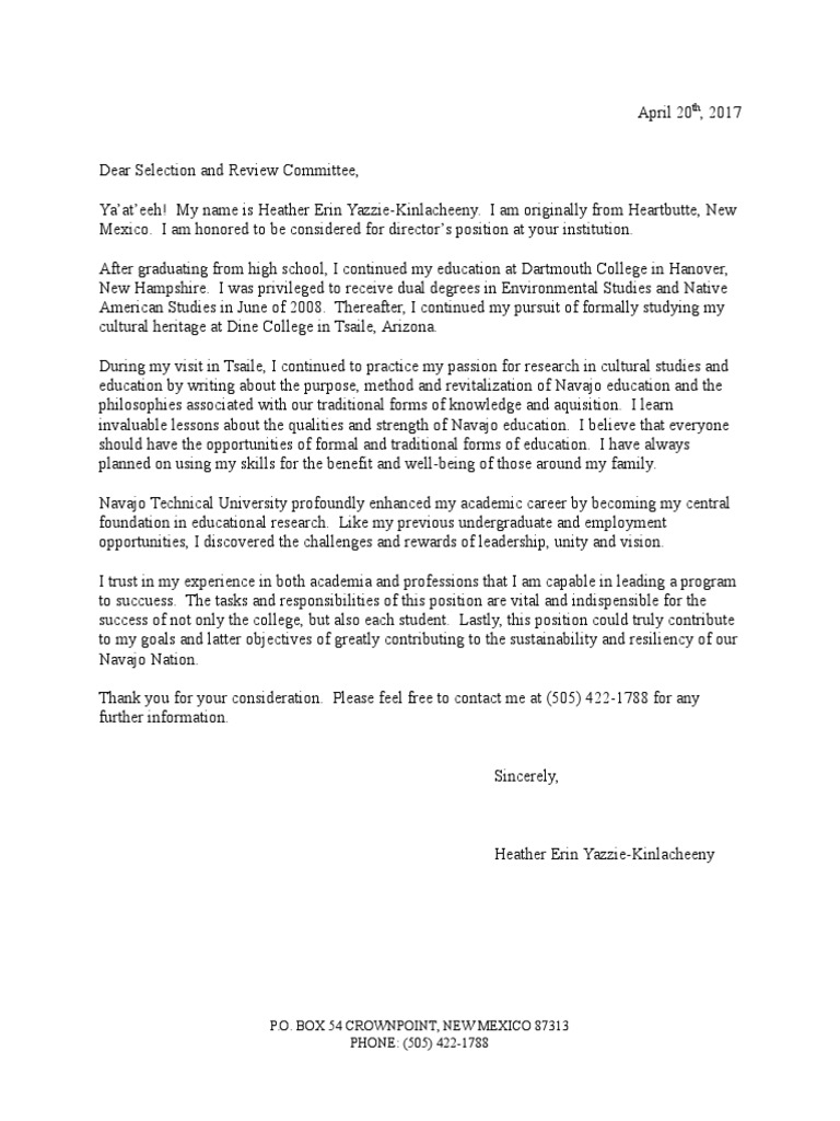 Cover Letter | PDF | Navajo Nation | Academia