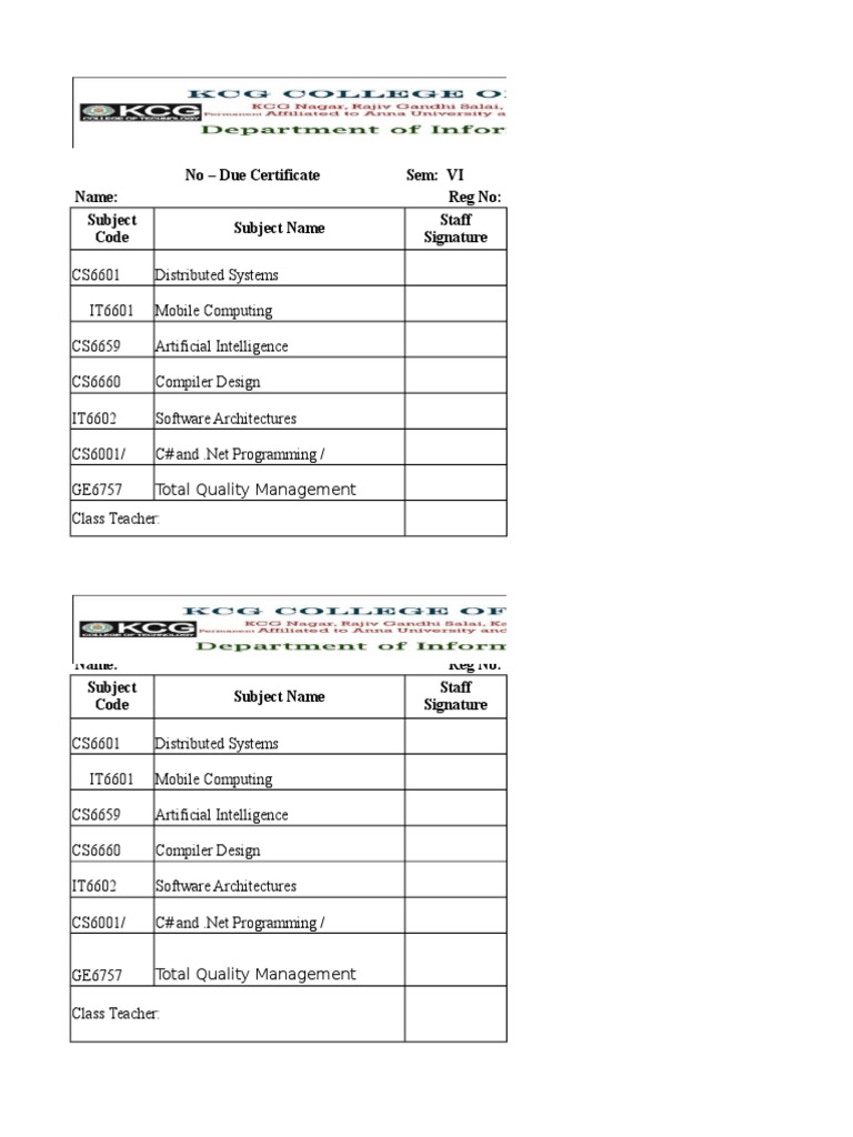 No - Due Certificate Sem: VI Name: Reg No: Subject Name Subject Code Staff Signature | PDF ...
