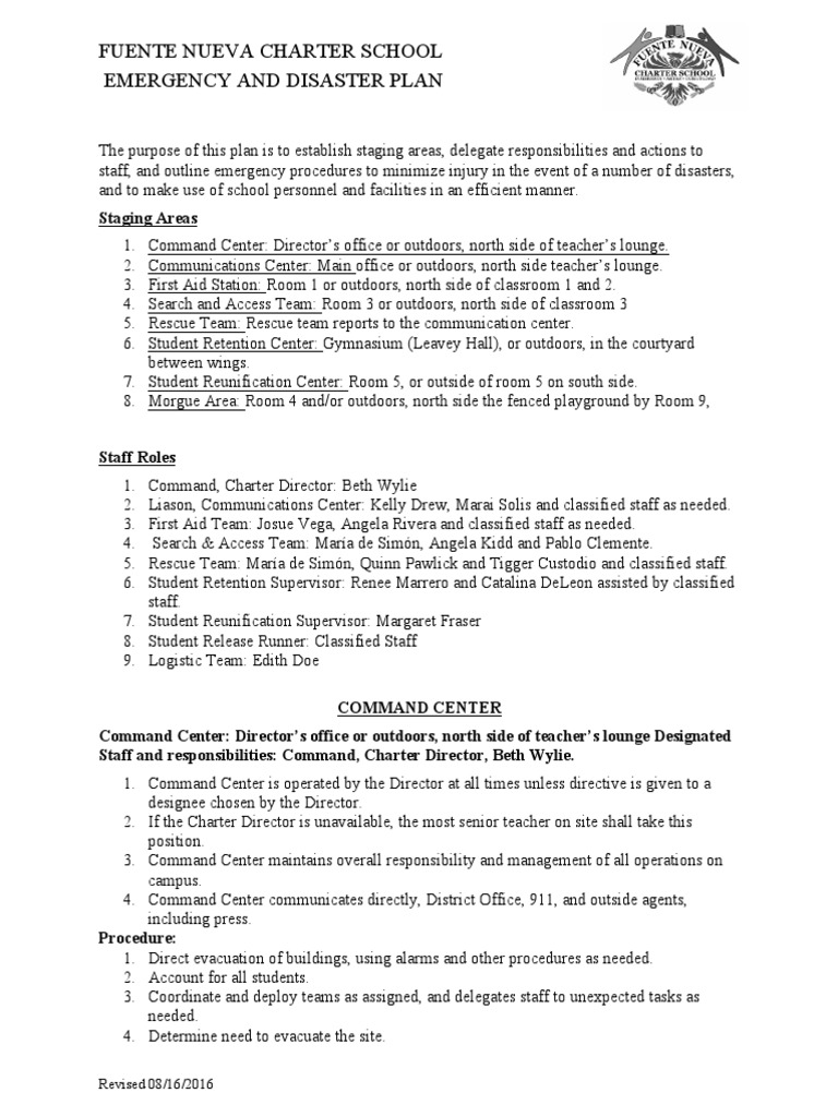 Emergency Disaster Plan Sy 16-17 | PDF | Emergency Management | First Aid