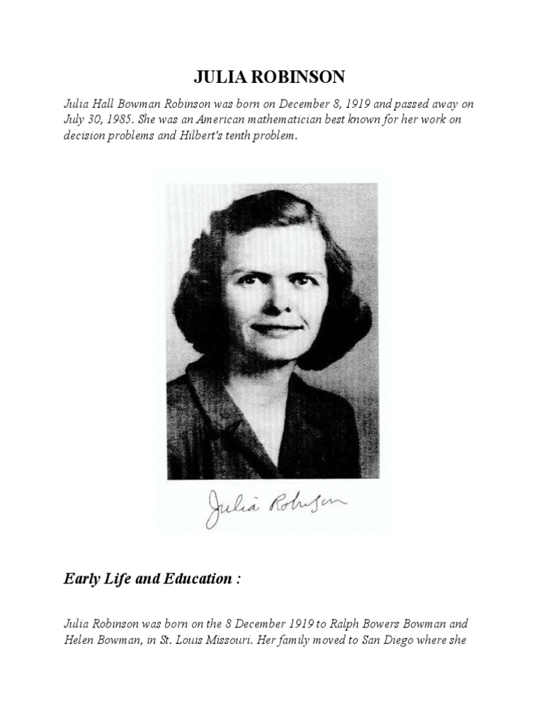 Julia Robinson: Early Life and Education | PDF | Logic | Teaching ...