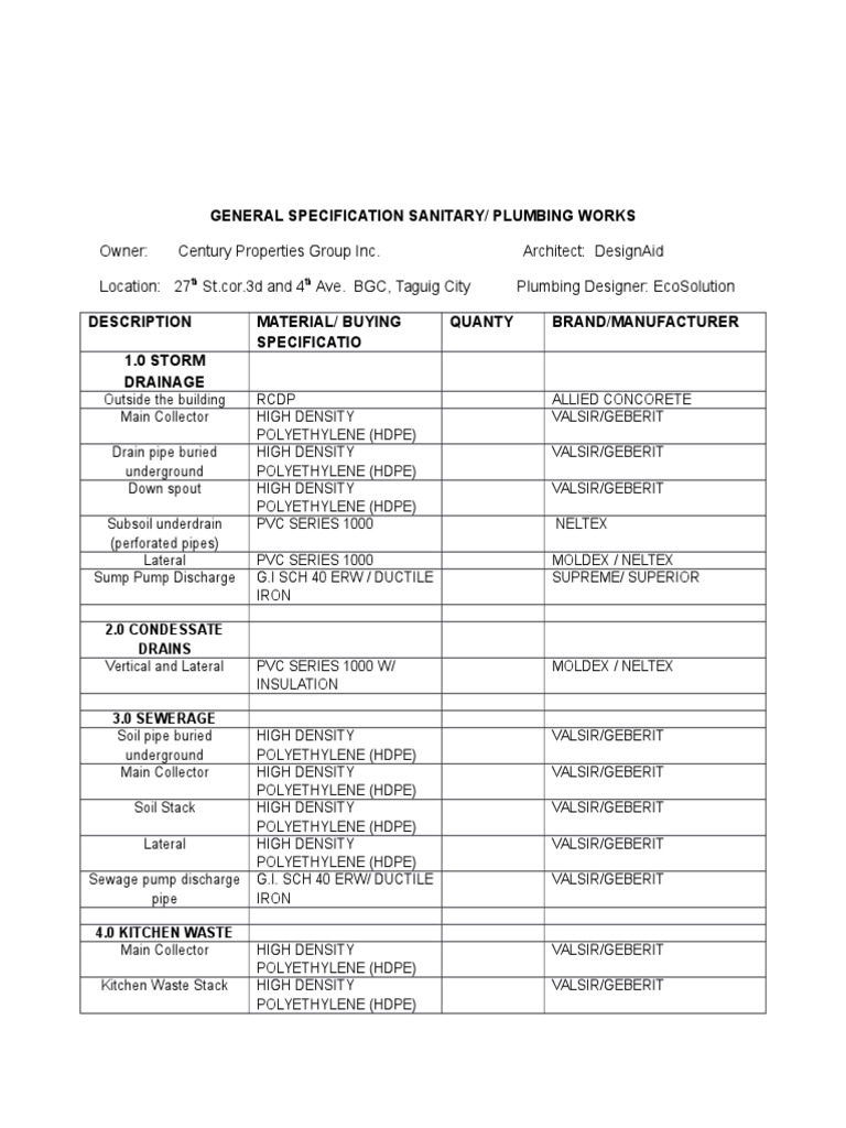 SANITARY/PLUMBING SPECIFICATION TITLE | PDF | Plumbing | Drainage