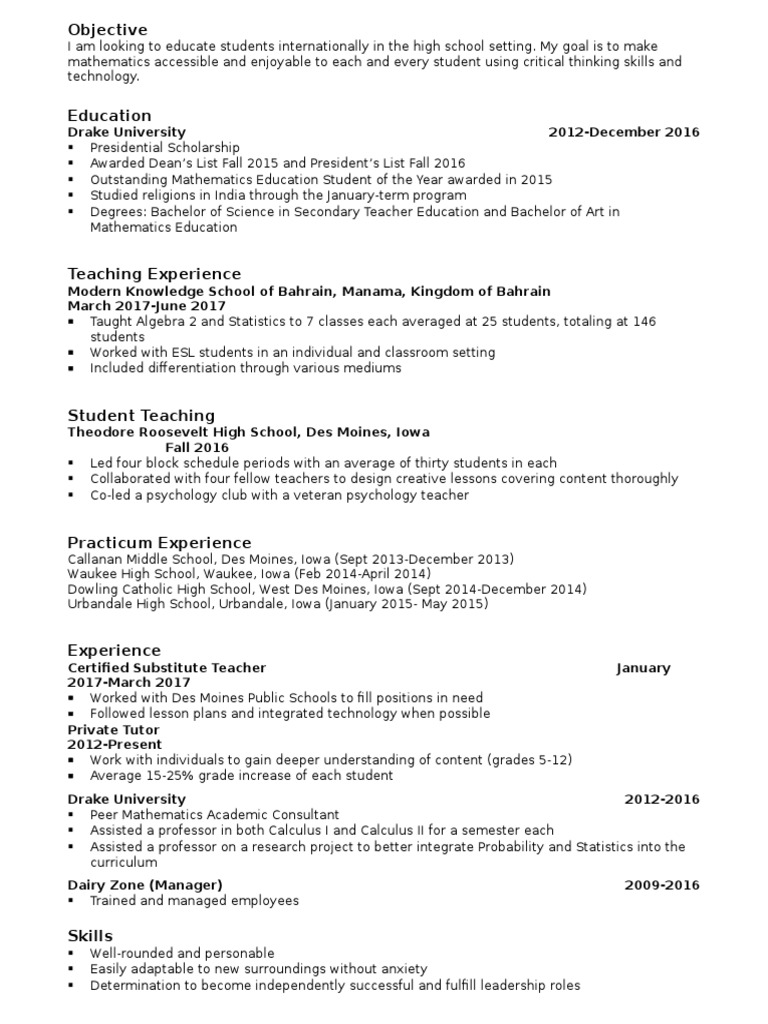 Resume in Bahrain | Teachers | Schools