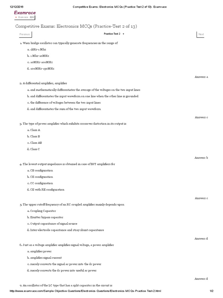 Electronics MCQs Practice Test 2 | PDF | Amplifier | Electrical Circuits