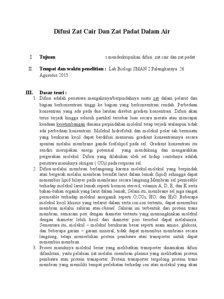 Difusi Zat Cair Dan Zat Padat Dalam Air | PDF
