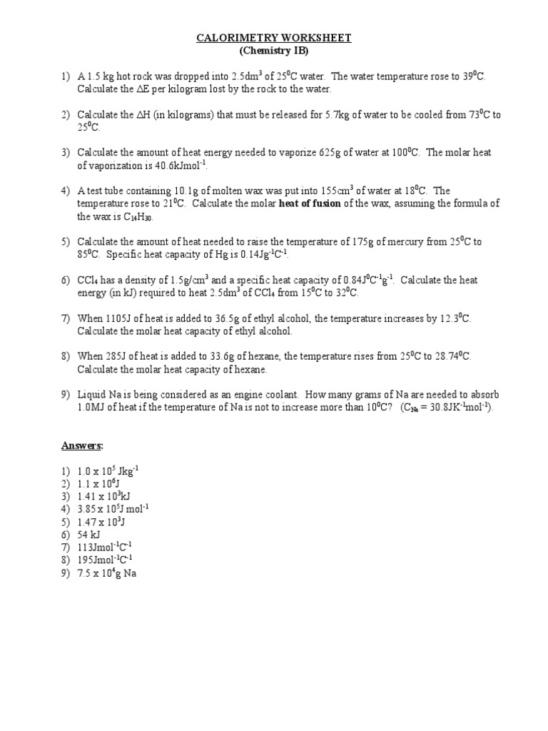 Calculating Heat Transfer: A Calorimetry Worksheet for Chemistry ...