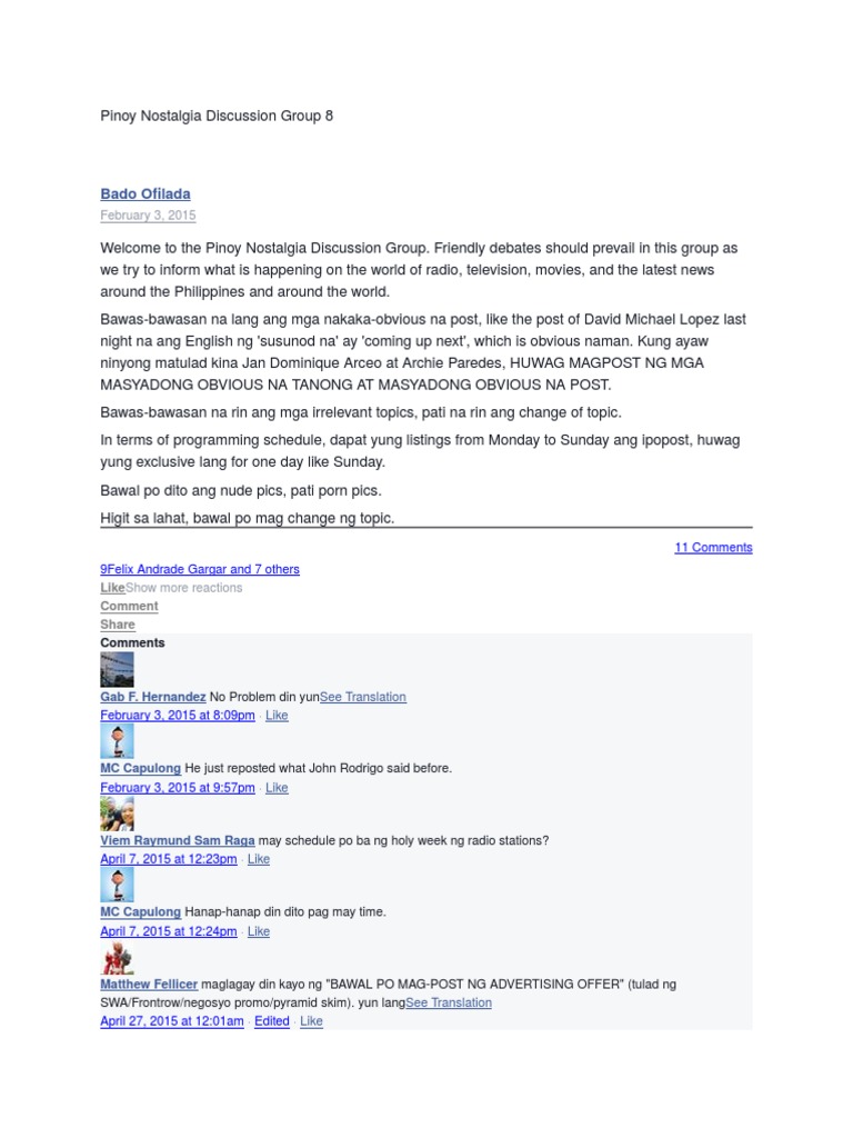 Pinoy Nostalgia Discussion Group 8 | PDF | Network Affiliate ...