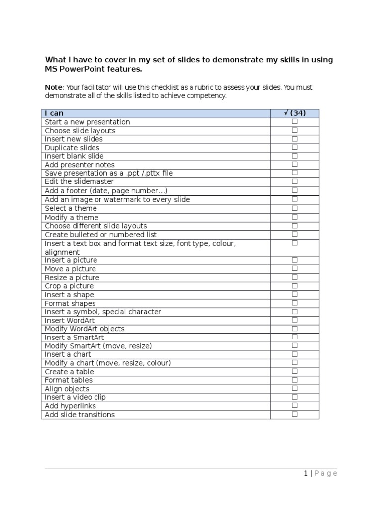 PowerPoint Skills Checklist | Microsoft Power Point | Office Suites