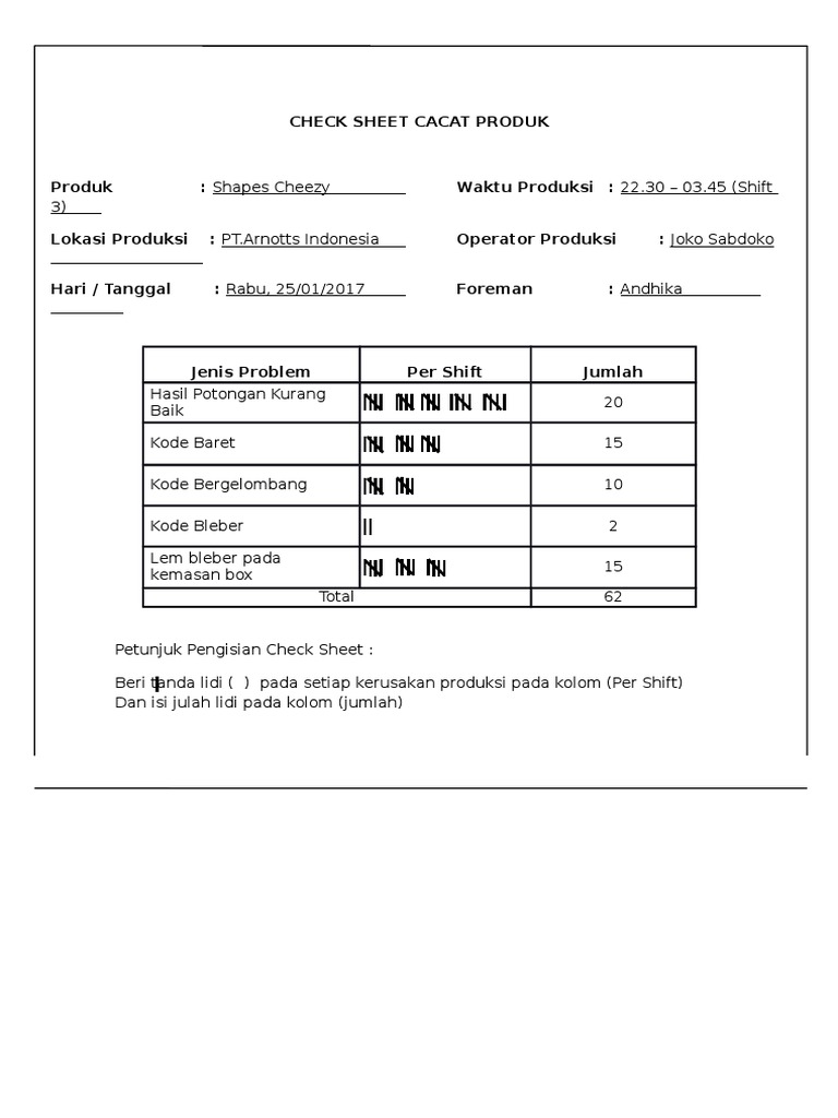Check Sheet Cacat Produk Shapes Cheezy | PDF
