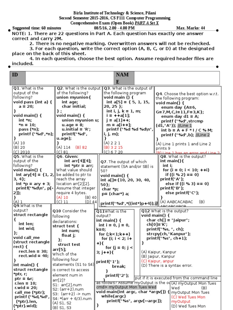 CS F111 Part A Solution | PDF | C (Programming Language) | Integer ...