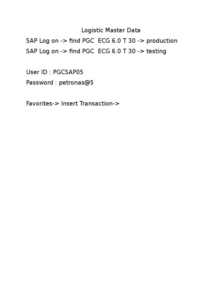 Logistic Master Data SAP Log On - Find PGC ECG 6.0 T 30 - Production ...