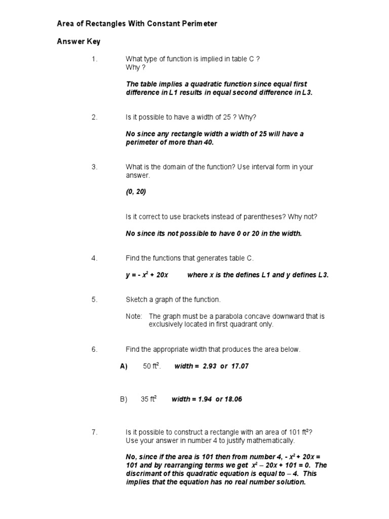 Answer Key Are A of Rectangles With Constant Perimeter | PDF ...