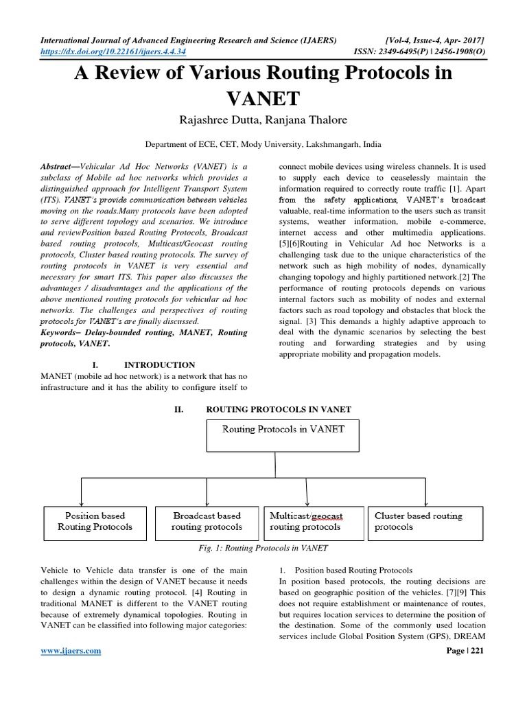 A Review Of Various Routing Protocols In Vanet Pdf Routing
