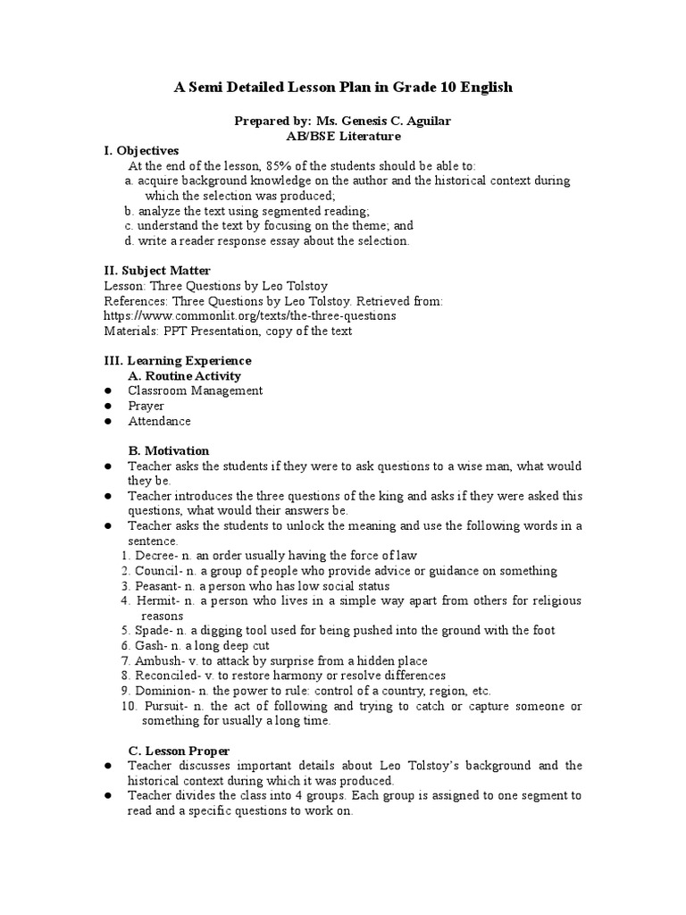 A Semi Detailed Lesson Plan in Grade 10 English | PDF | Lesson Plan ...