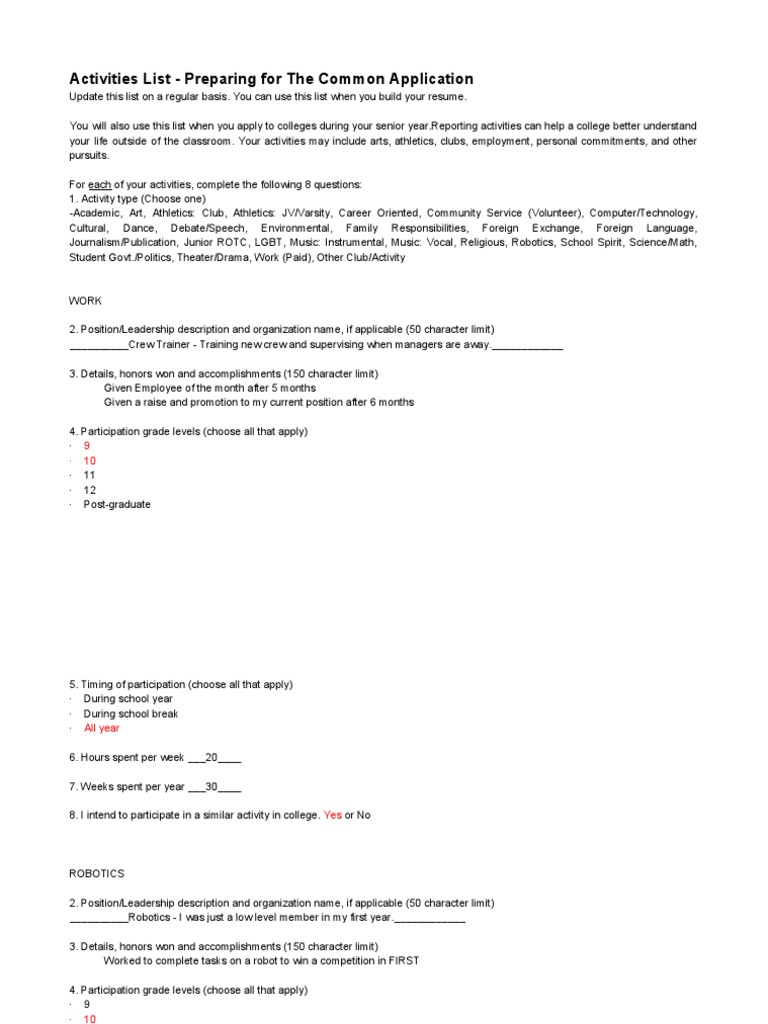 Activities List - Preparing For The Common Application | PDF