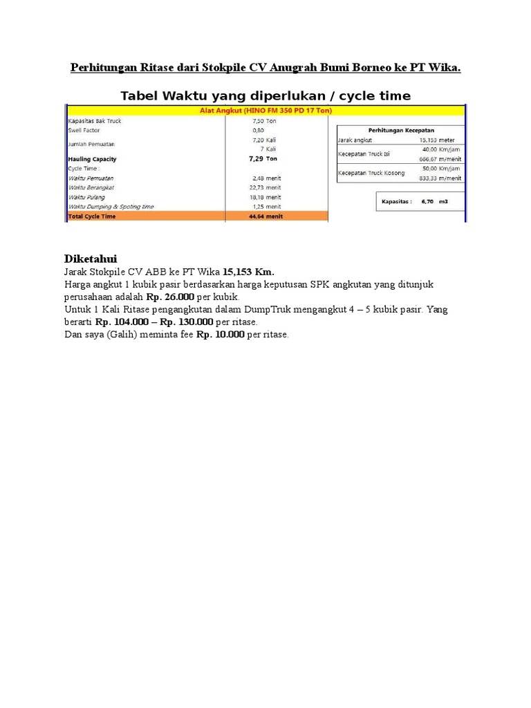 Perhitungan Ritase Dump Truck ke PT Wika | PDF | Teknologi & Rekayasa