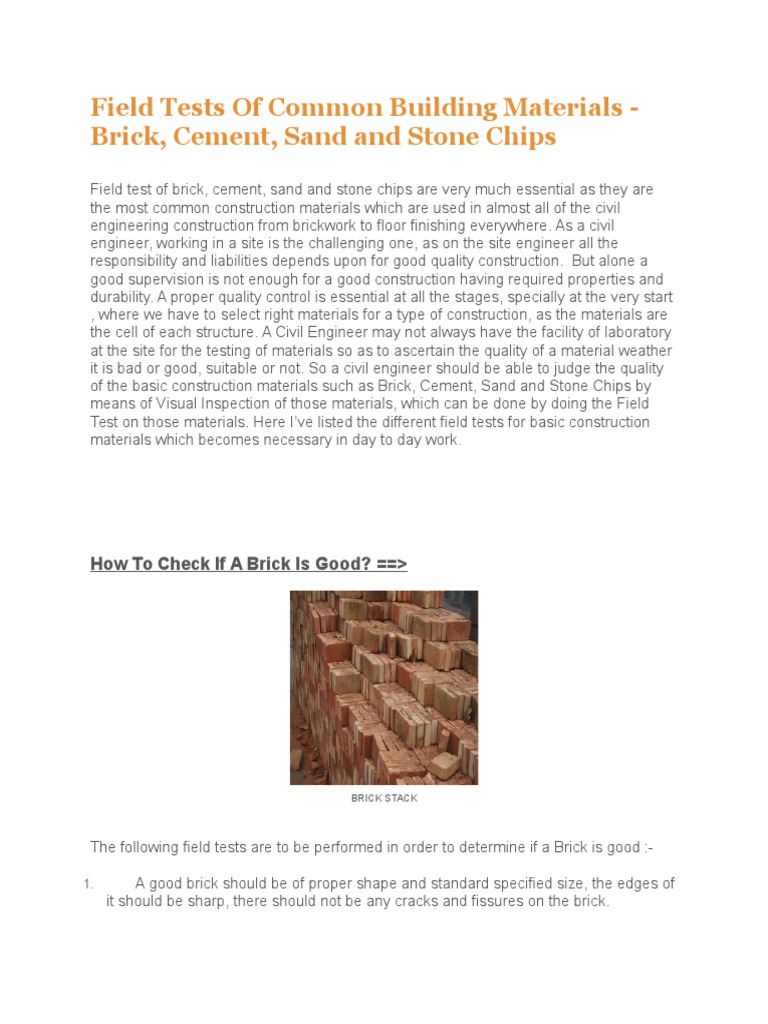Field Tests of Common Building Materials | PDF | Brick | Sand