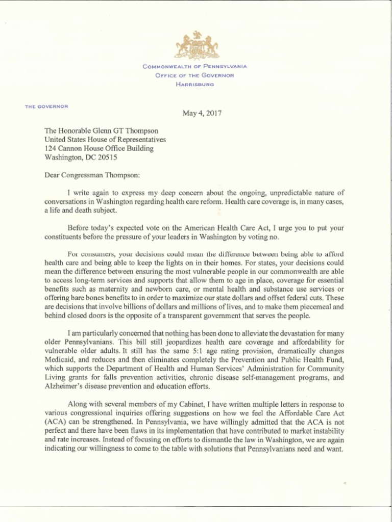 Governor Wolf Letter To Representatives On AHCA | PDF