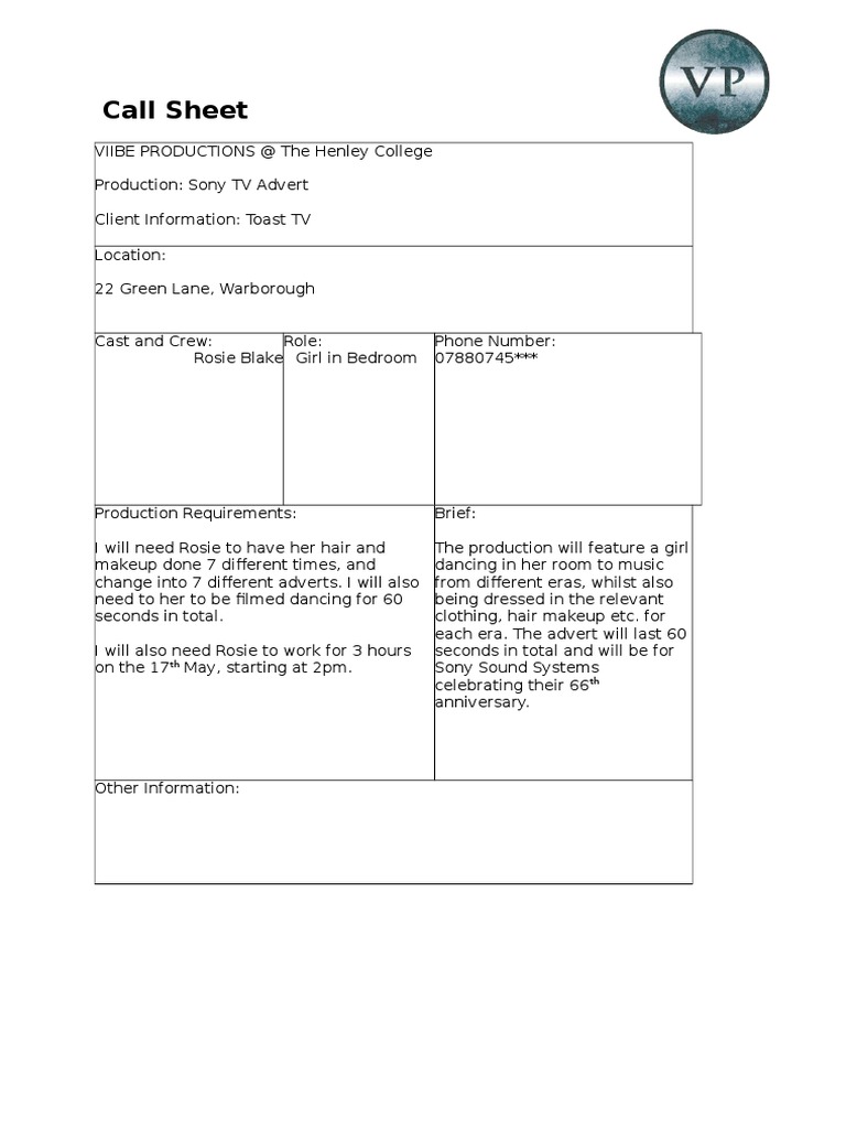 Call Sheet | PDF