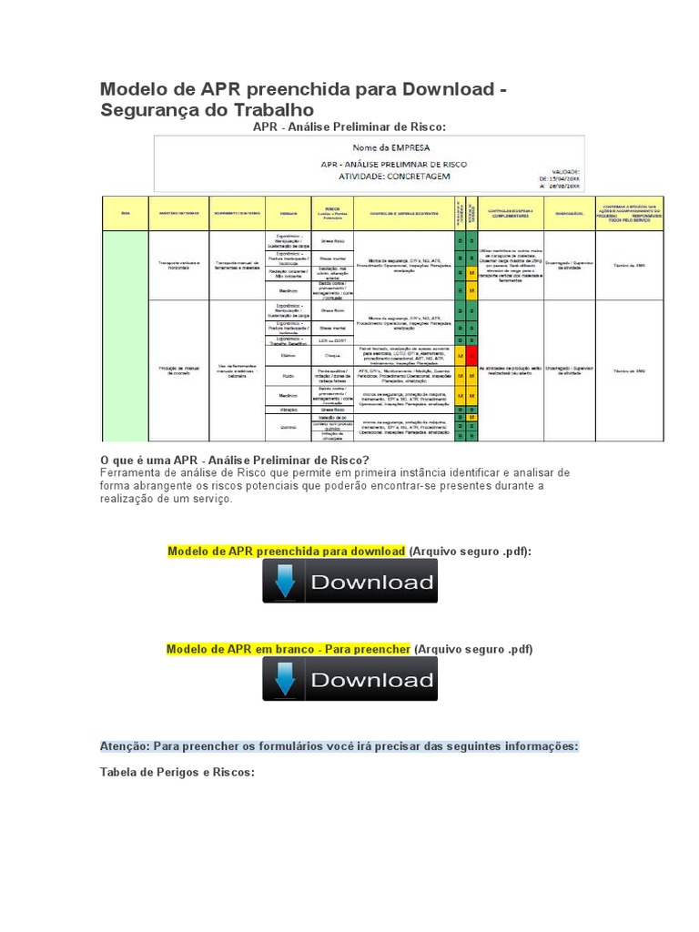 Modelo de APR Preenchida | PDF