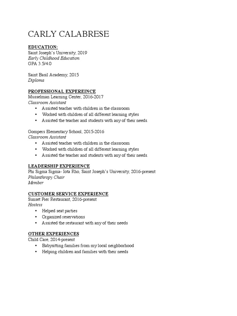 Carly Calabrese: Education & Experience | PDF