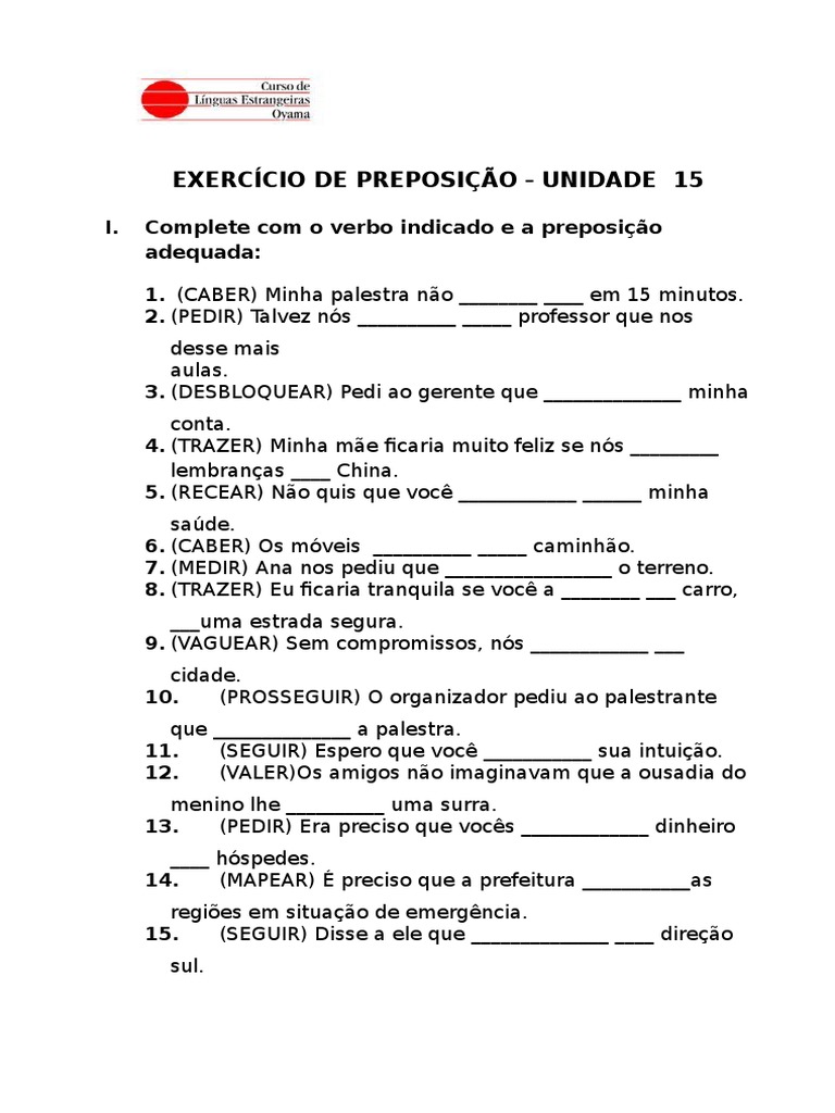 Exercício de Preposição Unidade 15 Revisado | PDF